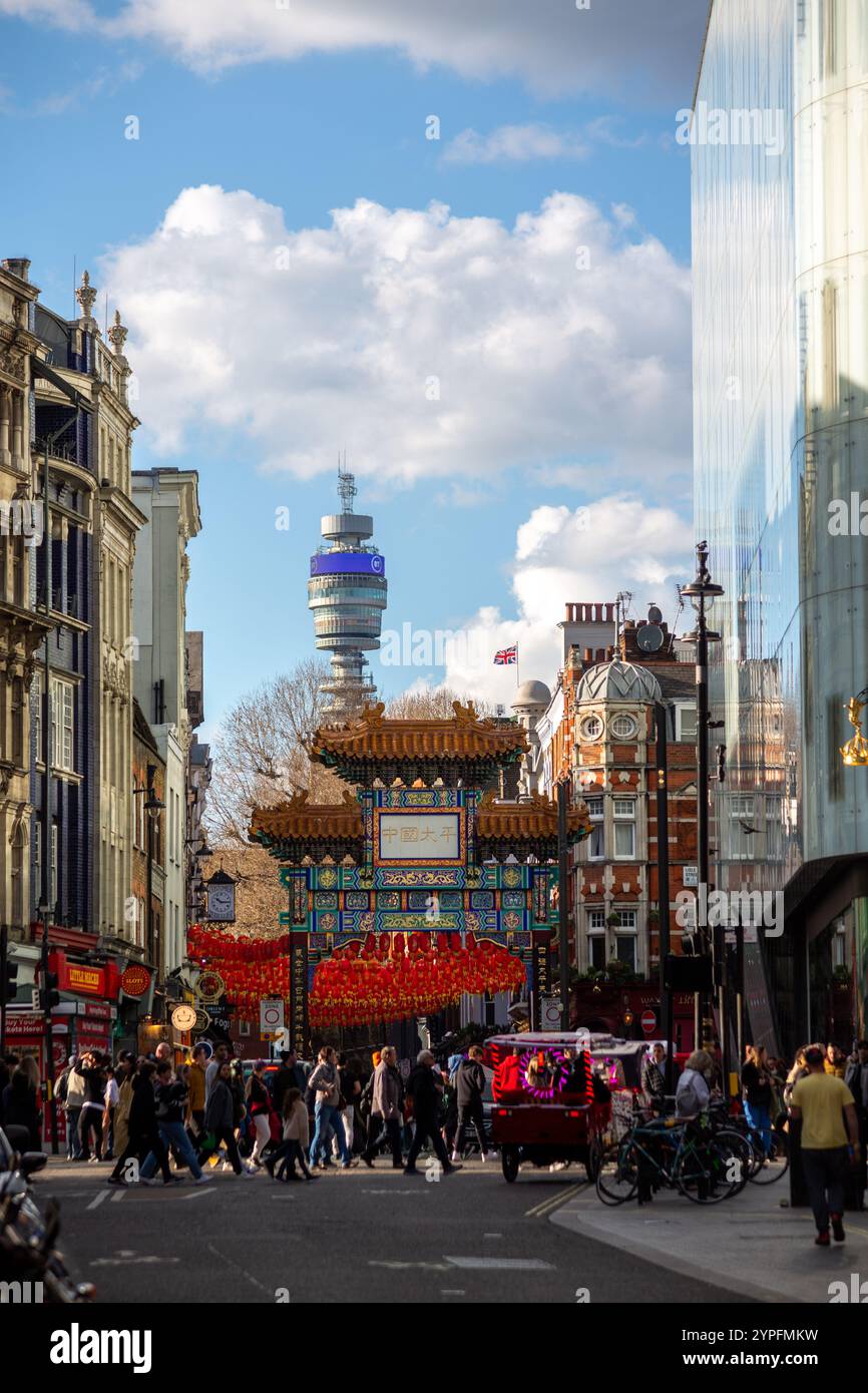 Chinatown gate with BT Tower in background, Wardour Street, London, UK ...