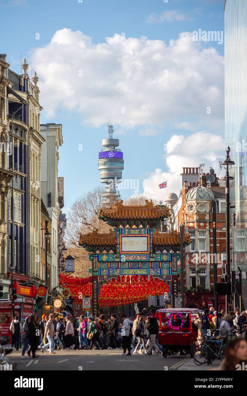 Chinatown gate with BT Tower in background, Wardour Street, London, UK ...