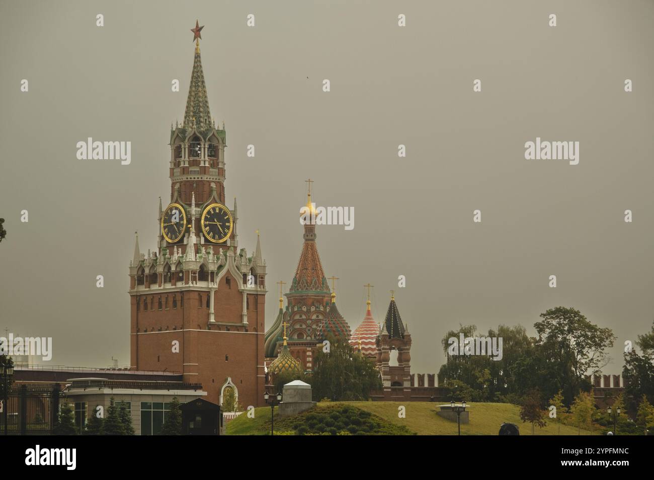 Moscow, Russia - Aug 23 2024: View of the Spasskaya Tower and its clock ...