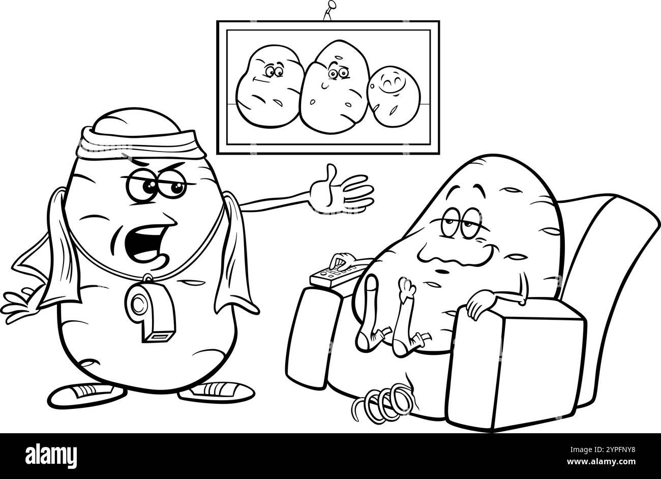 Cartoon humor concept illustration of couch potato saying or proverb ...