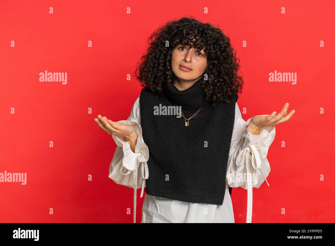 I am not guilty. Caucasian woman with curly hair pointing fingers ...