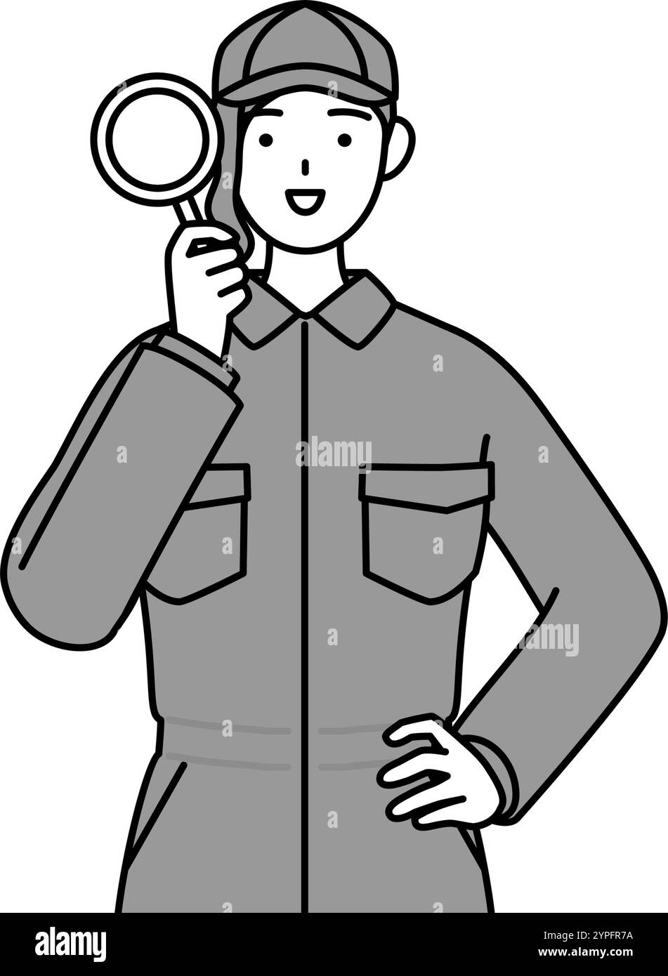 A mechanic woman in coveralls holding a magnifying glass and placing ...