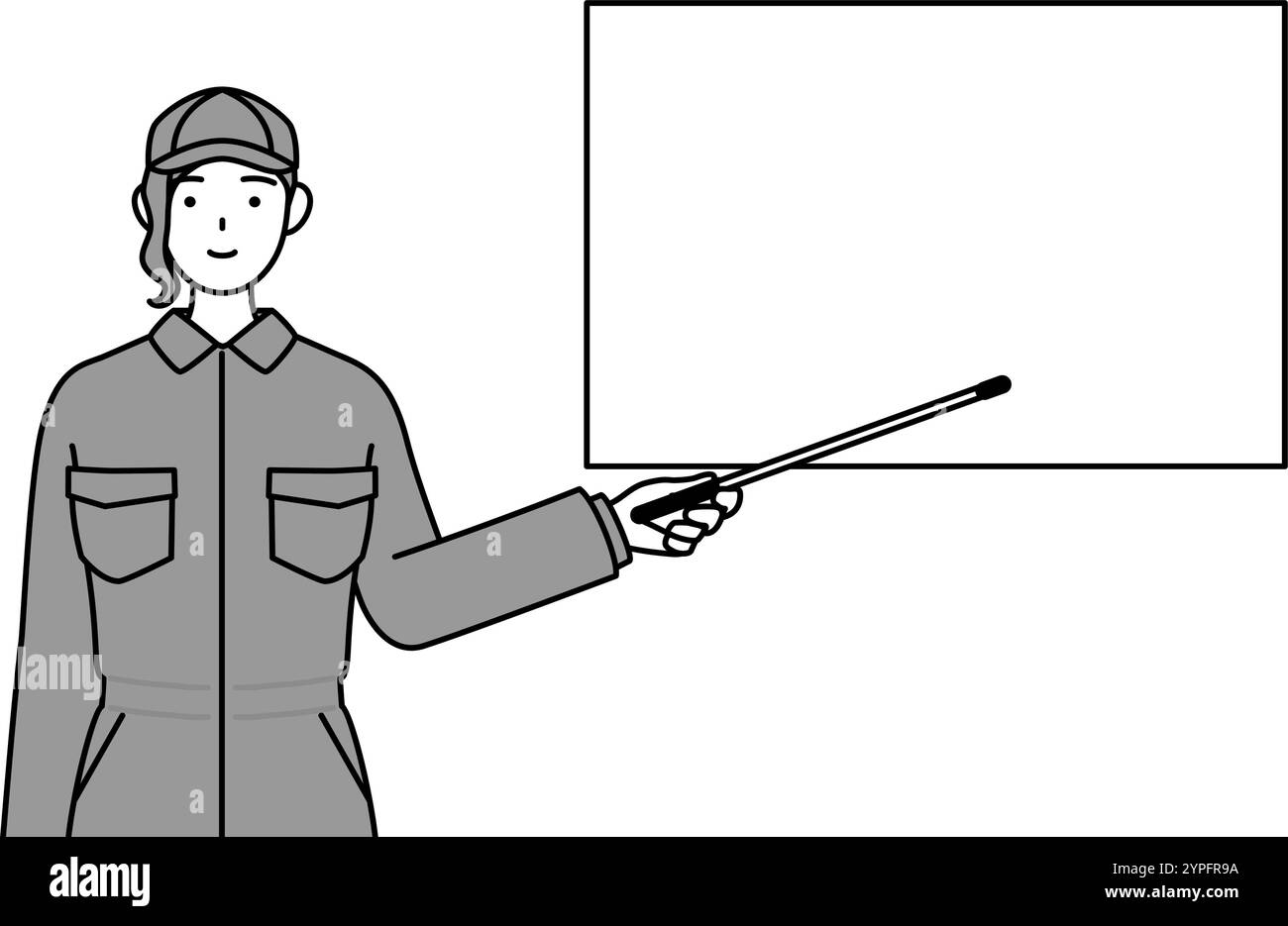 A mechanic woman in coveralls pointing at a whiteboard with an ...