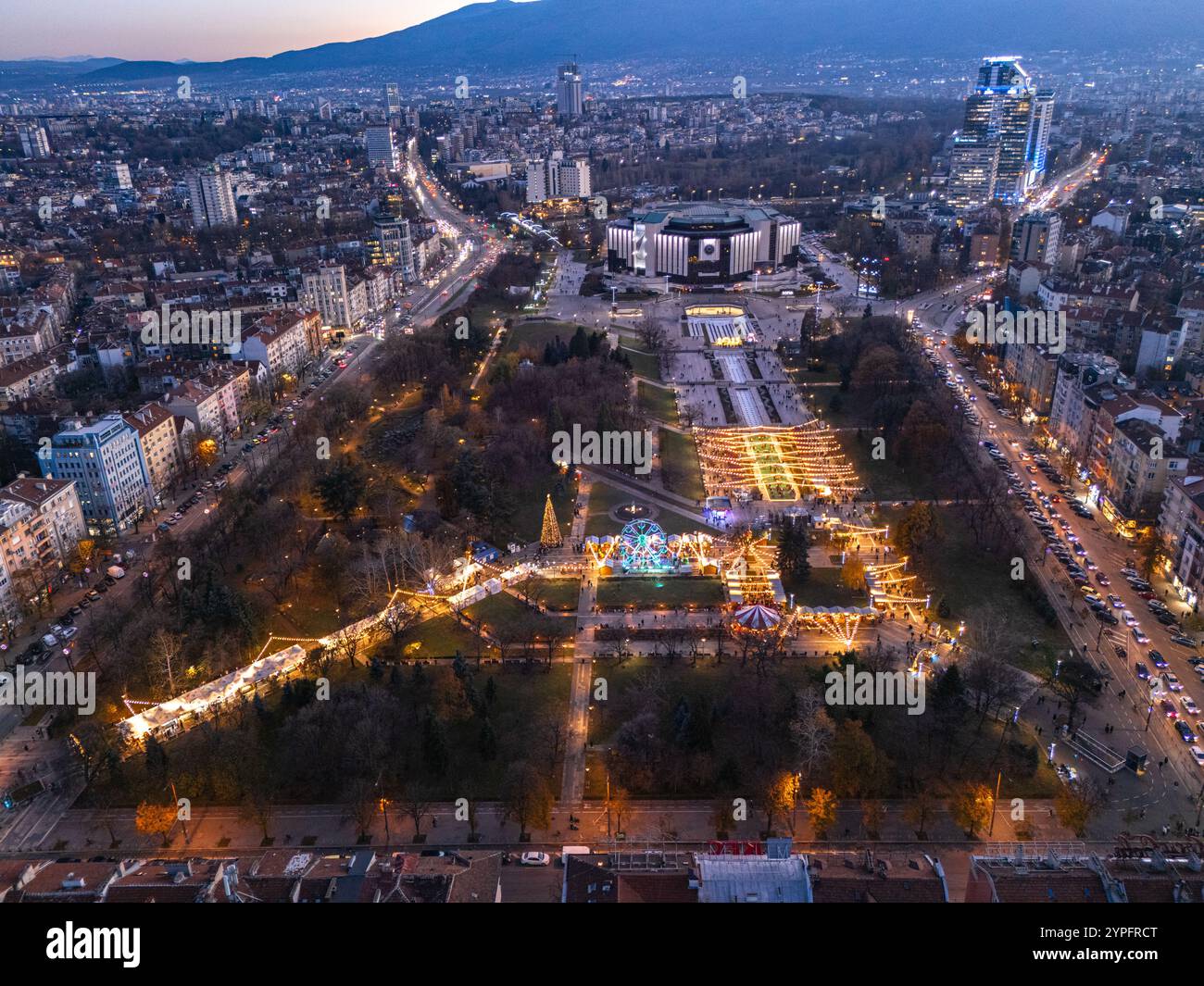 Sofia, Bulgaria, November 2024. Drone aerial view over the capital with ...