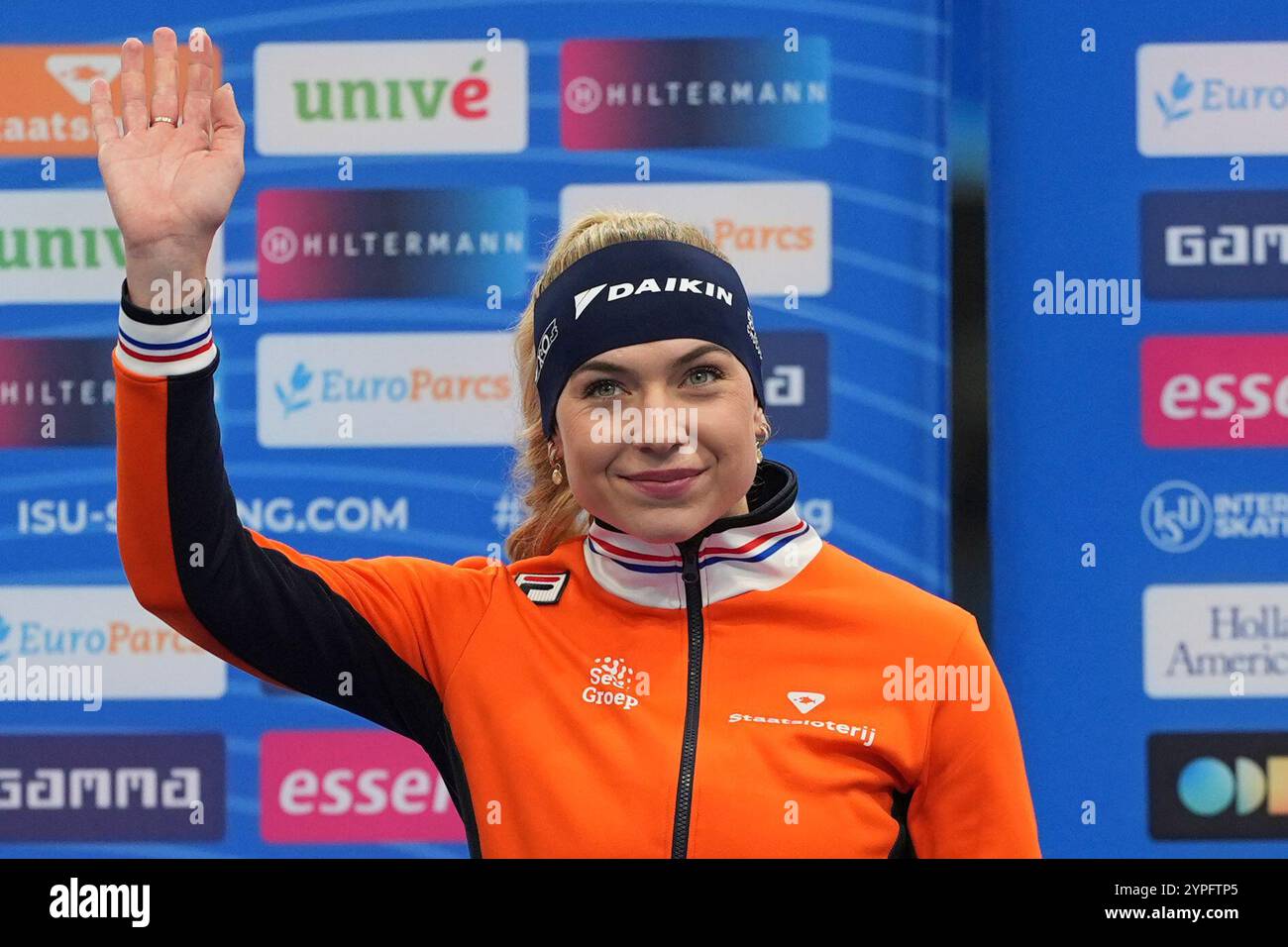 Silver medalist Joy Beune of Netherlands celebrates on the podium for ...