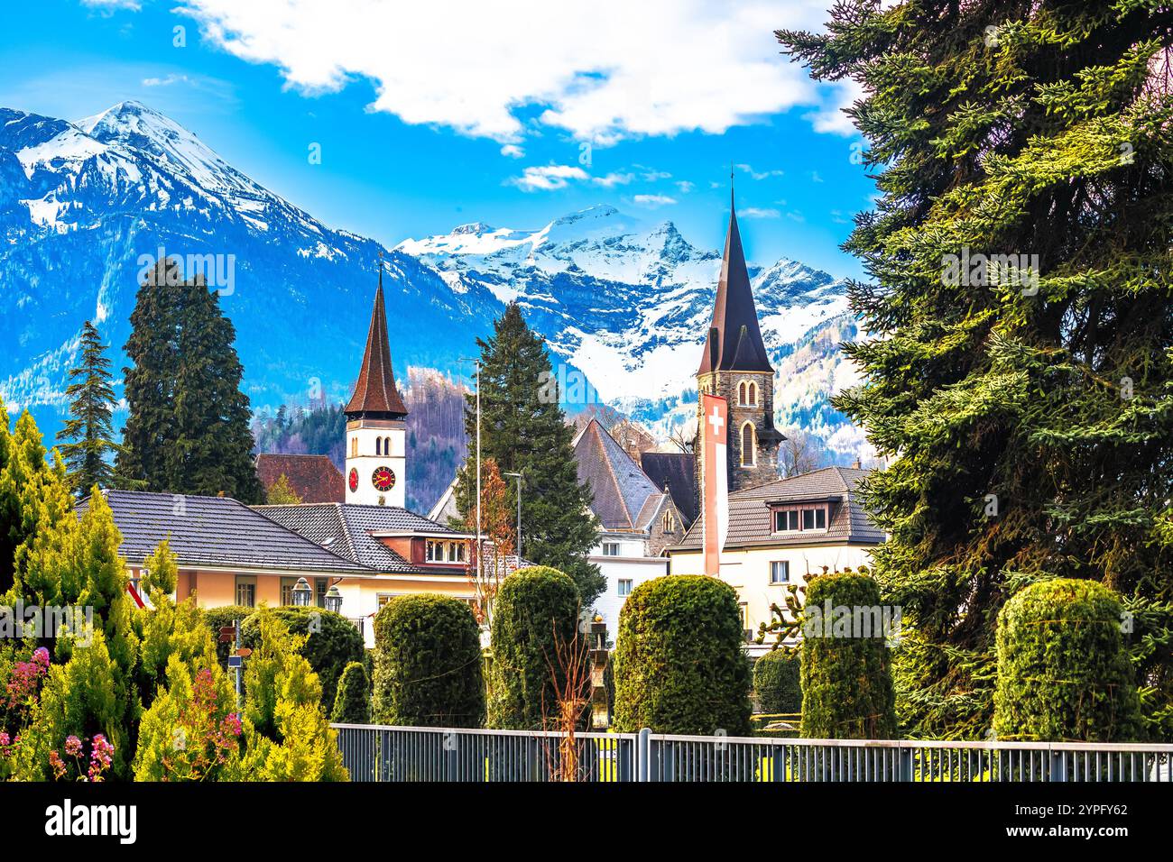 Town of Interlaken scenic churc towers and Alps landscape view, Berner ...