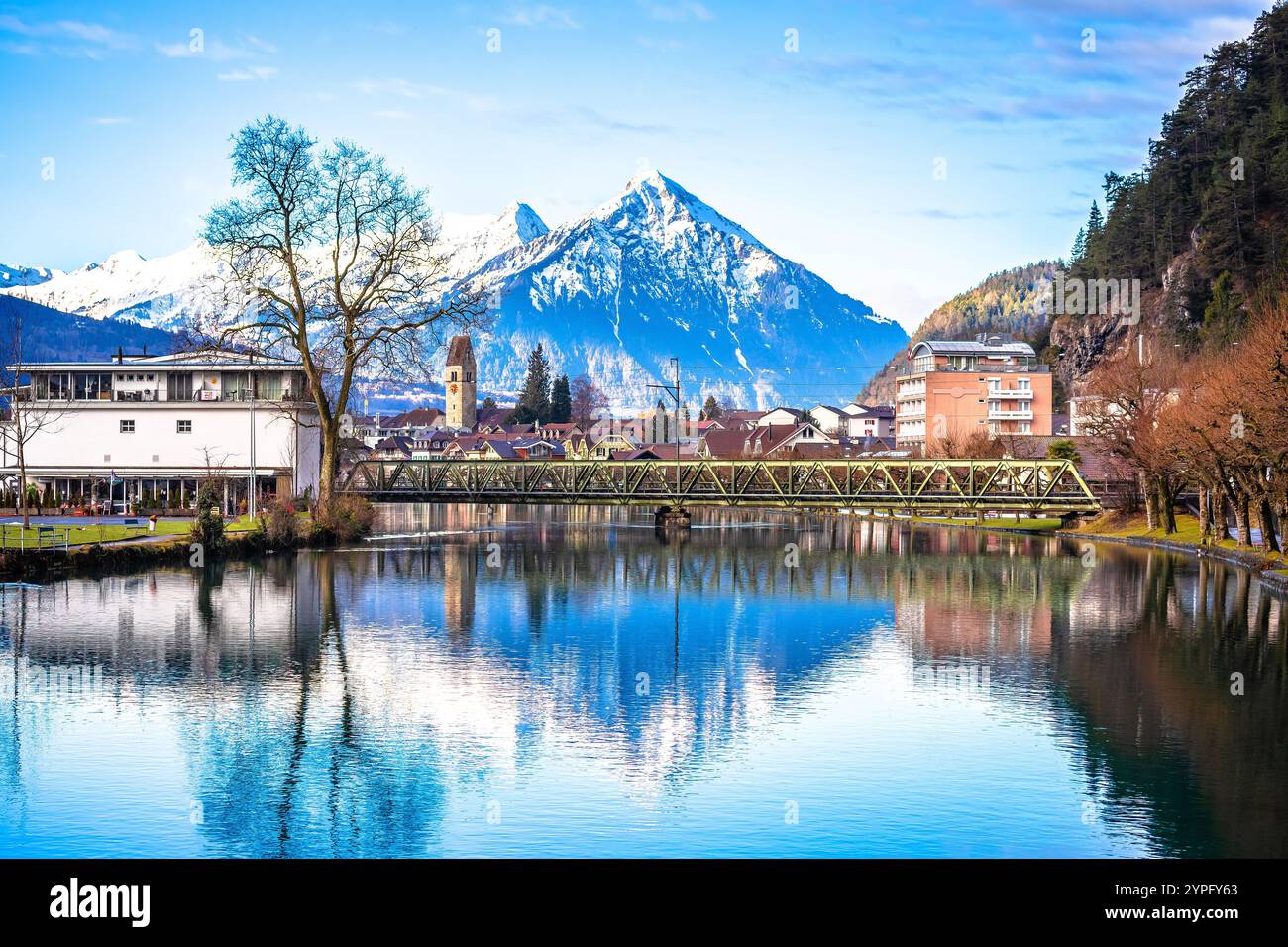 Scenic town of Interlaken and Alsp landscape lame mirror view, Berner ...