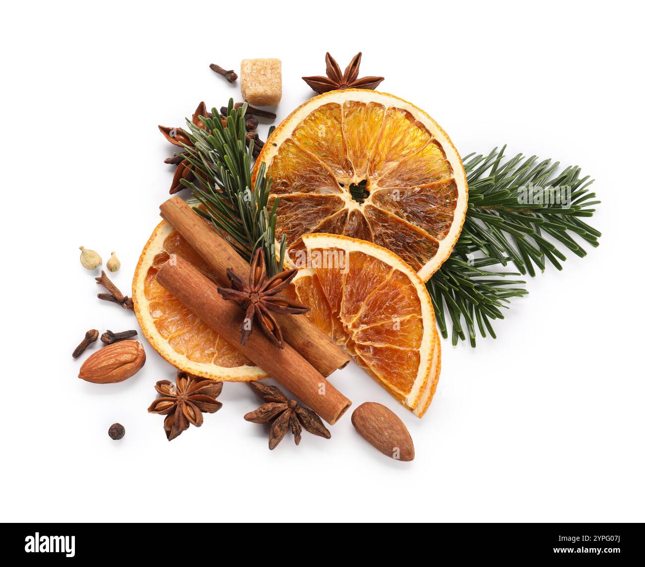 Different aromatic spices isolated on white, top view. Christmas season ...
