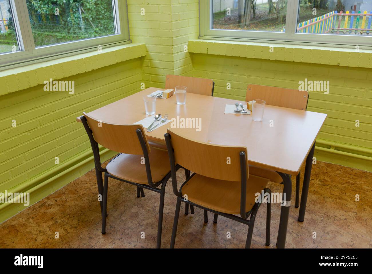 Tables prepared in a school restaurant of a public school. school ...