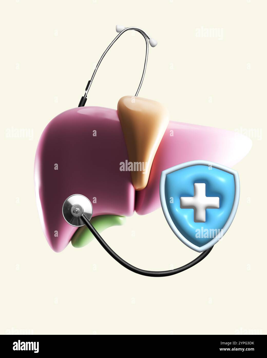 Contemporary art collage. 3D liver graphic featuring protective shield ...