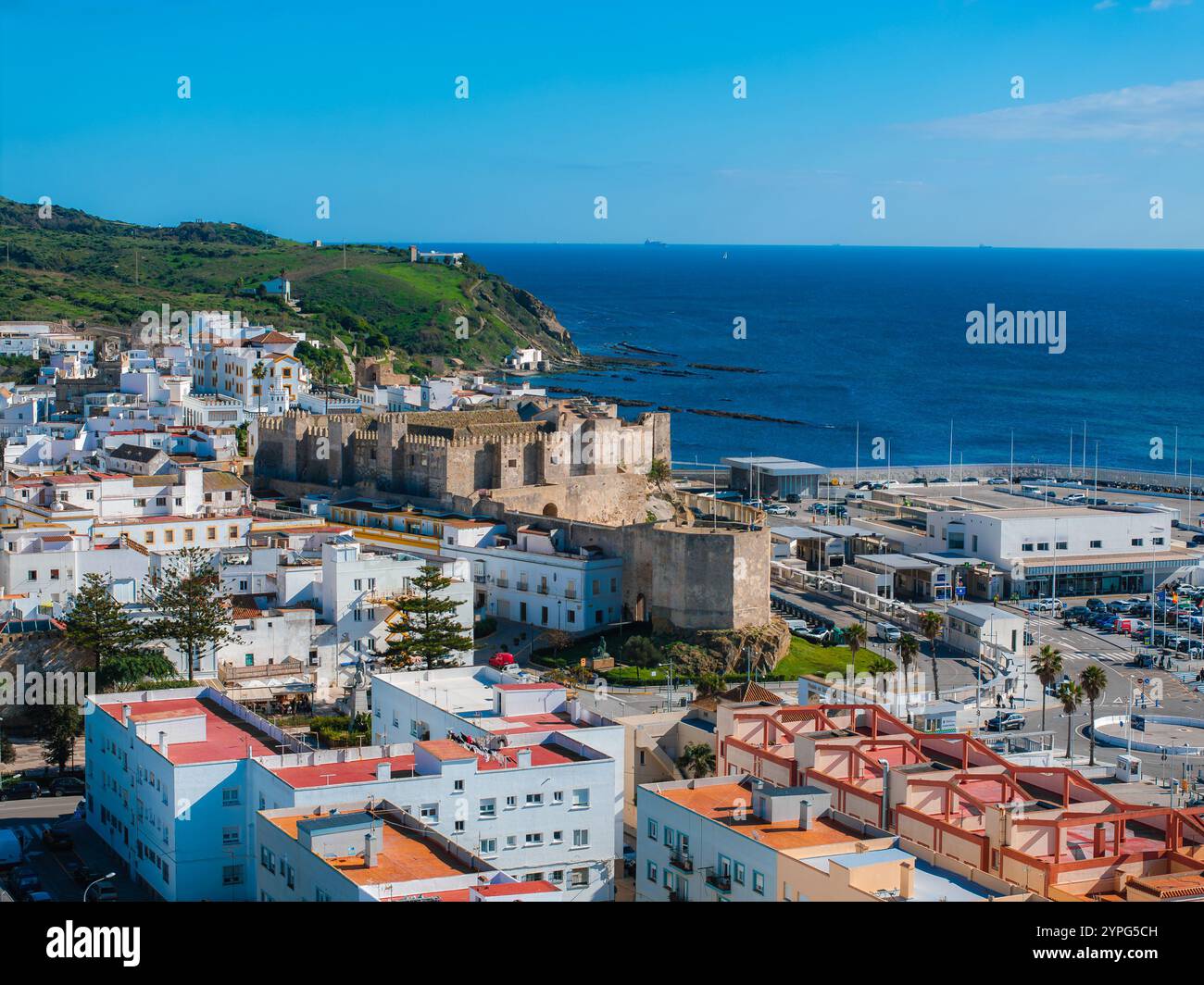 Aerial View of Tarifa with Guzman Castle and Strait of Gibraltar Stock ...