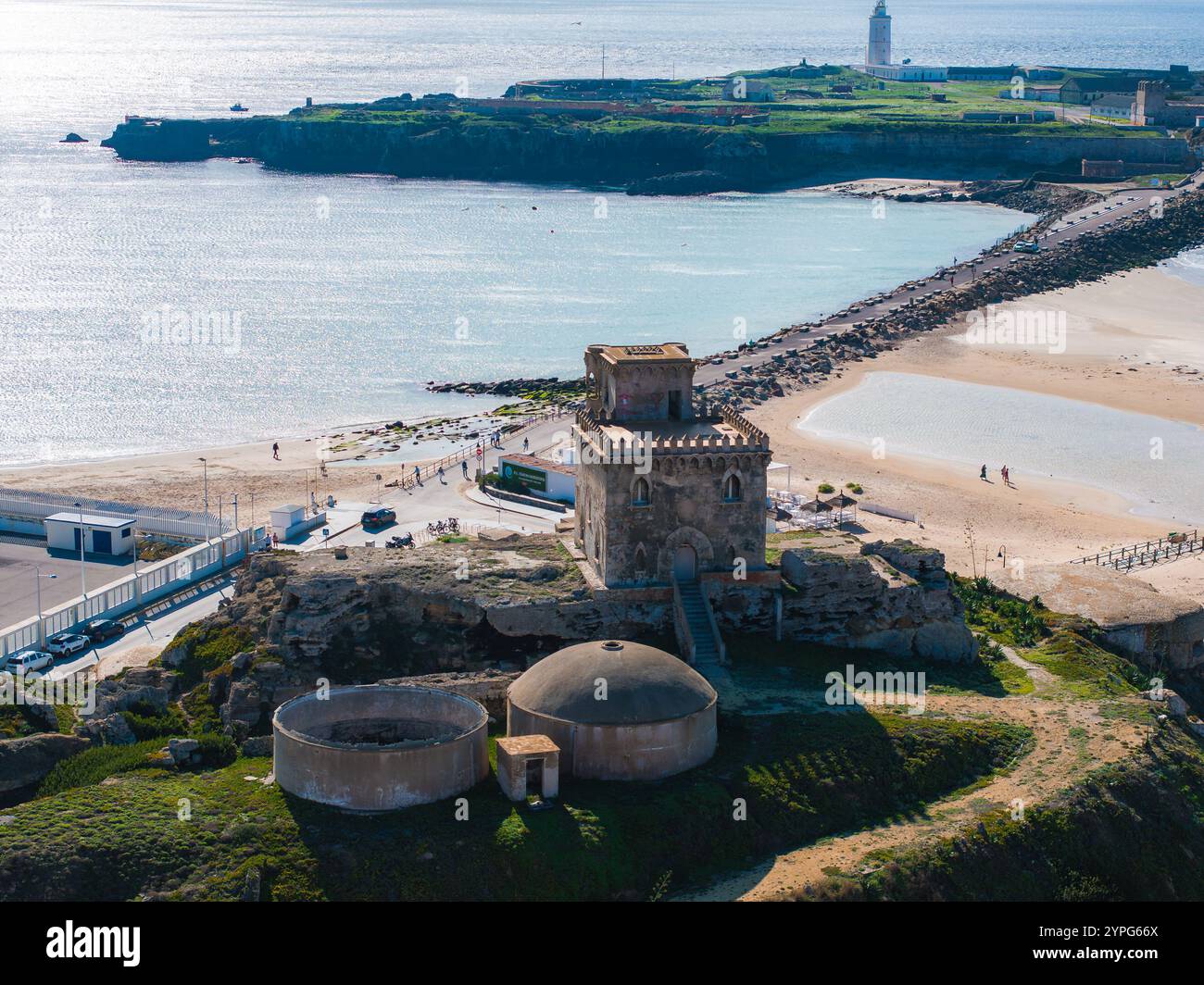 Aerial View of Guzman Castle and Lighthouse in Tarifa, Spain Stock ...