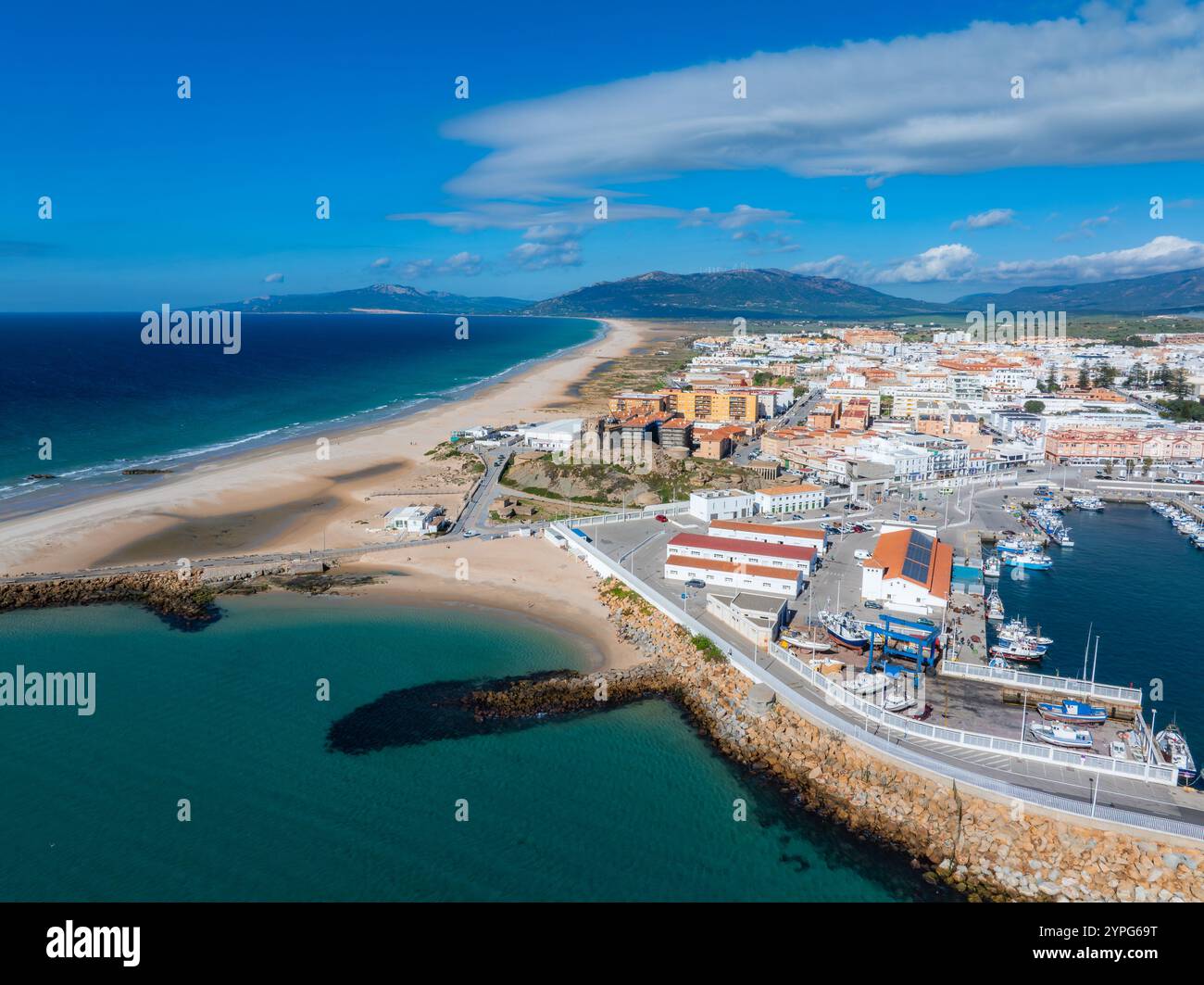 Aerial view of Tarifa, Spain, showing a sandy beach, deep blue Atlantic ...