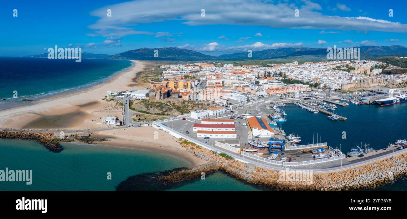 Aerial View of Tarifa's Coastal Landscape and Harbor in Spain Stock ...