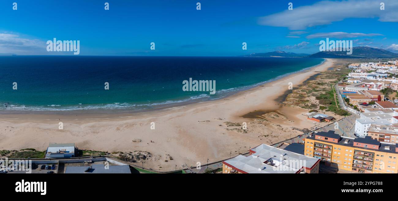 Aerial View of Tarifa's Coastline with Kite Surfers and Sandy Beach ...