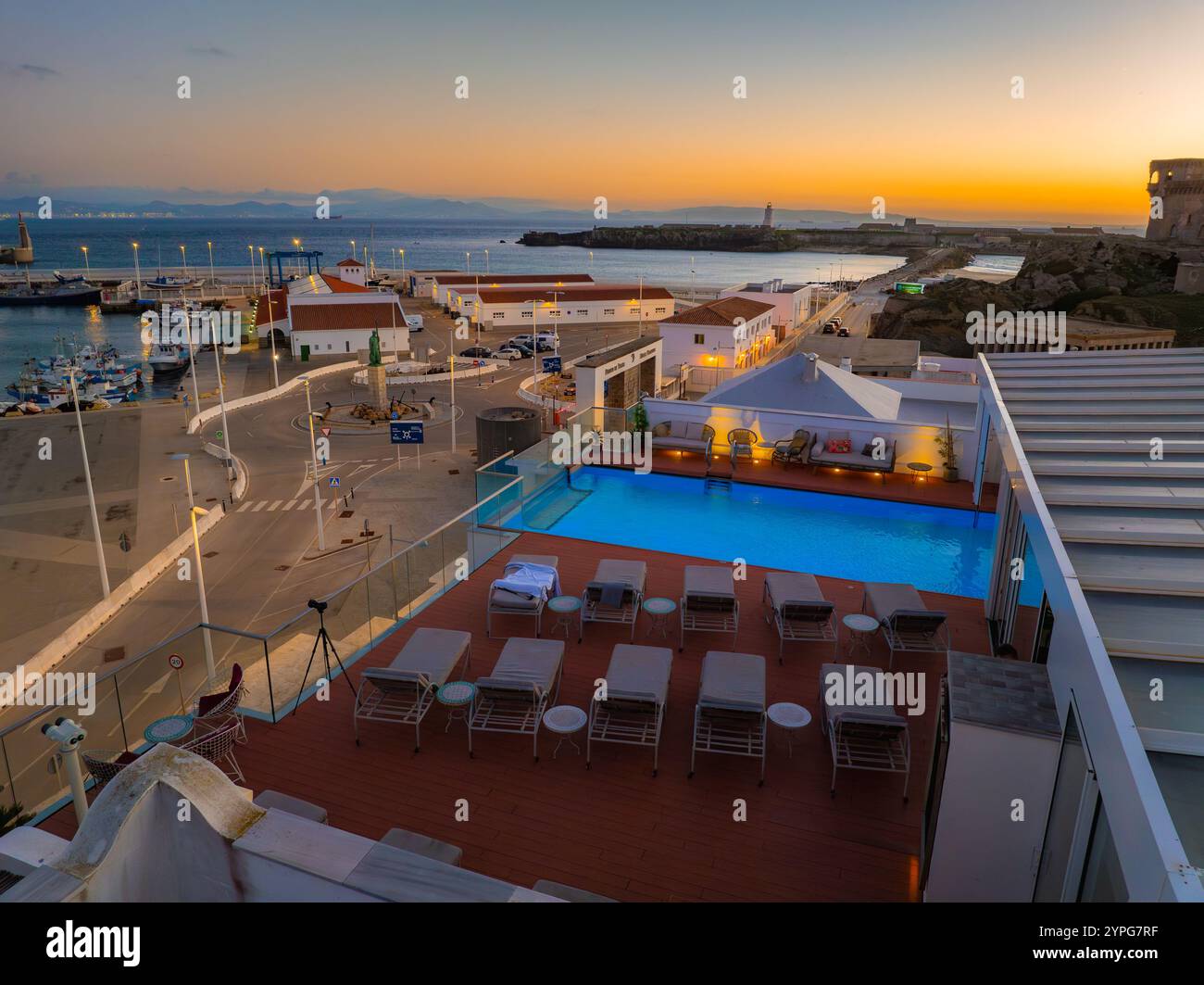 Aerial View of Tarifa, Spain at Sunset with Rooftop Pool and Marina ...