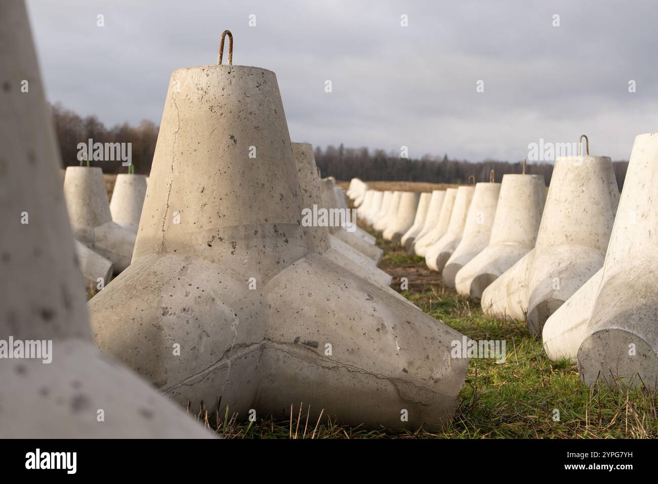 Concrete barriers that are part of Poland's East Shield fortification ...