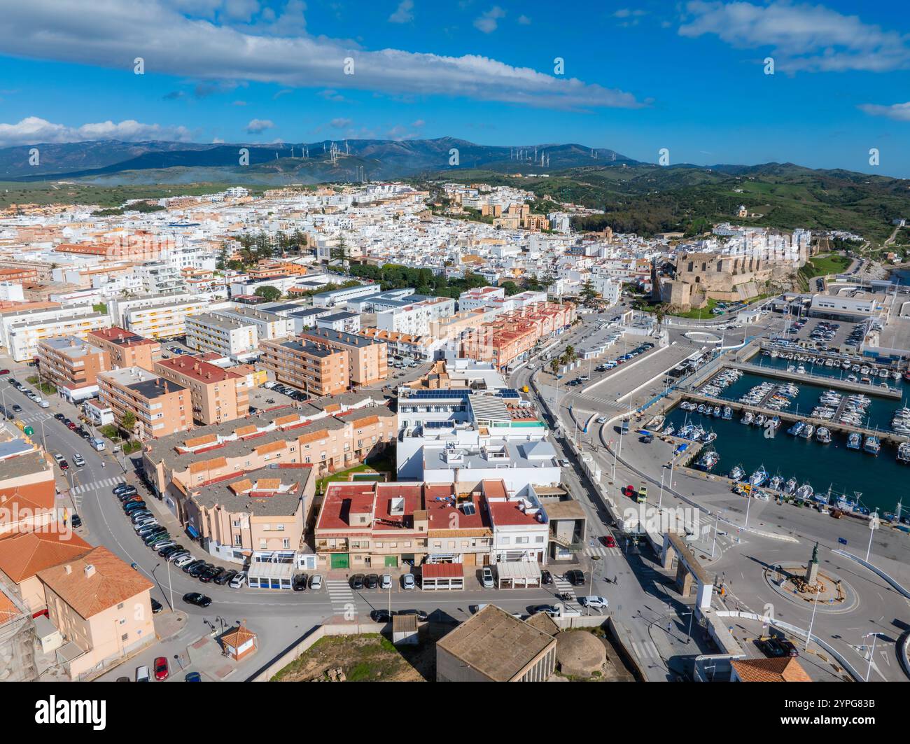 Aerial View of Tarifa, Spain Featuring Guzman Castle and Marina Stock ...