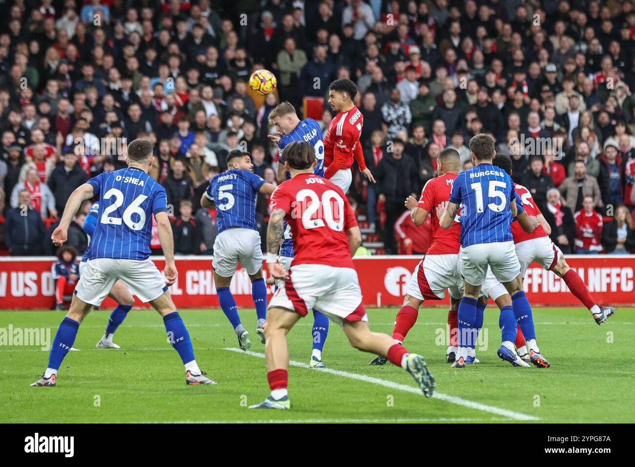 Morgan Gibbs-White of Nottingham Forest heads the ball just wide of ...
