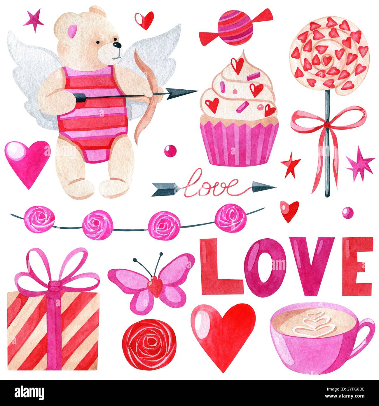 Valentines day clipart set with teddy bear, hearts, gift box, lollipop ...