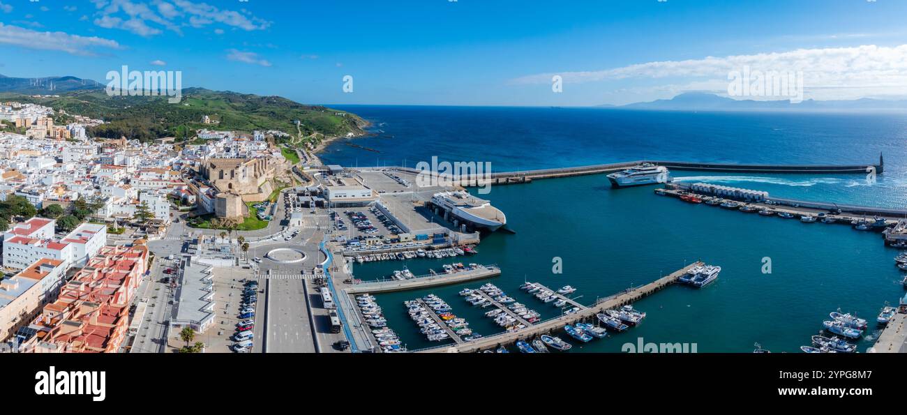 Aerial View of Tarifa Harbor and Castillo de Guzman el Bueno, Spain ...