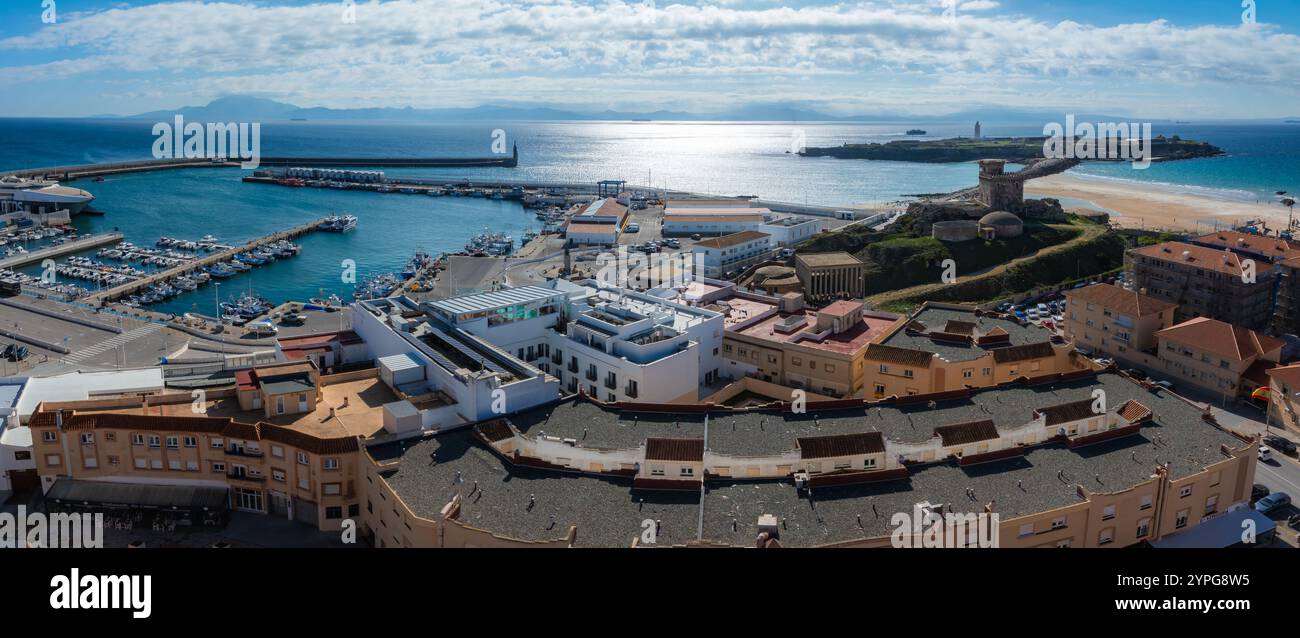 Aerial View of Tarifa Harbor and Castillo de Guzman el Bueno in Spain ...