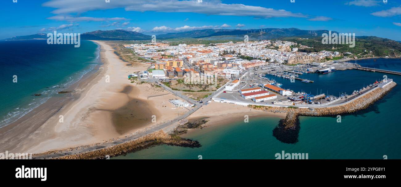 Aerial View of Tarifa's Coastal Landscape and Harbor in Spain Stock ...