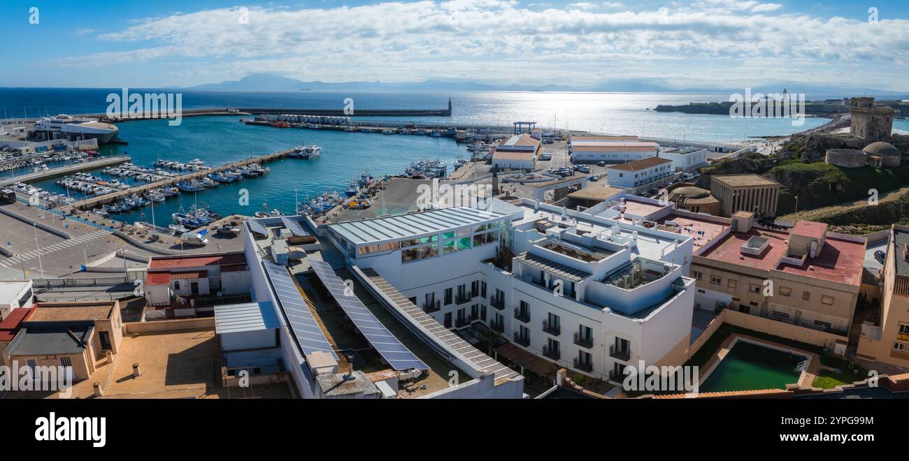 Aerial View of Tarifa Harbor and Castle of Guzman el Bueno, Spain Stock ...