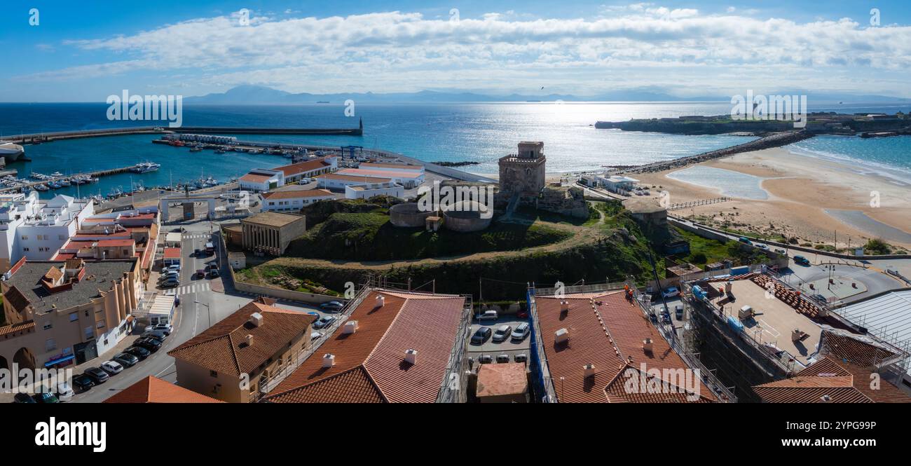 Aerial View of Tarifa, Spain Featuring Guzman Castle and Harbor Stock ...