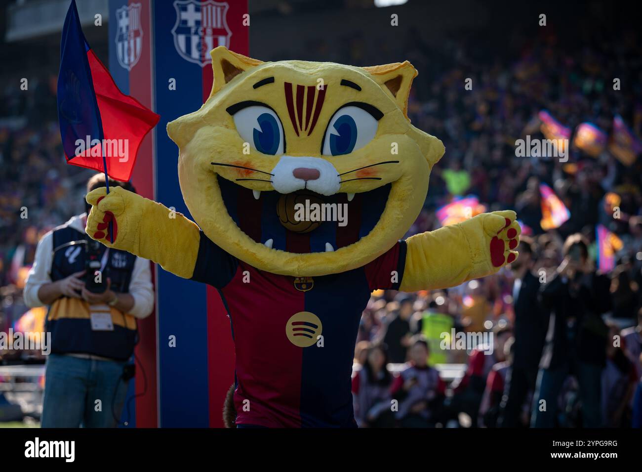 FC Barcelona introducing a new mascot â Catâ during a La Liga EA Sports ...