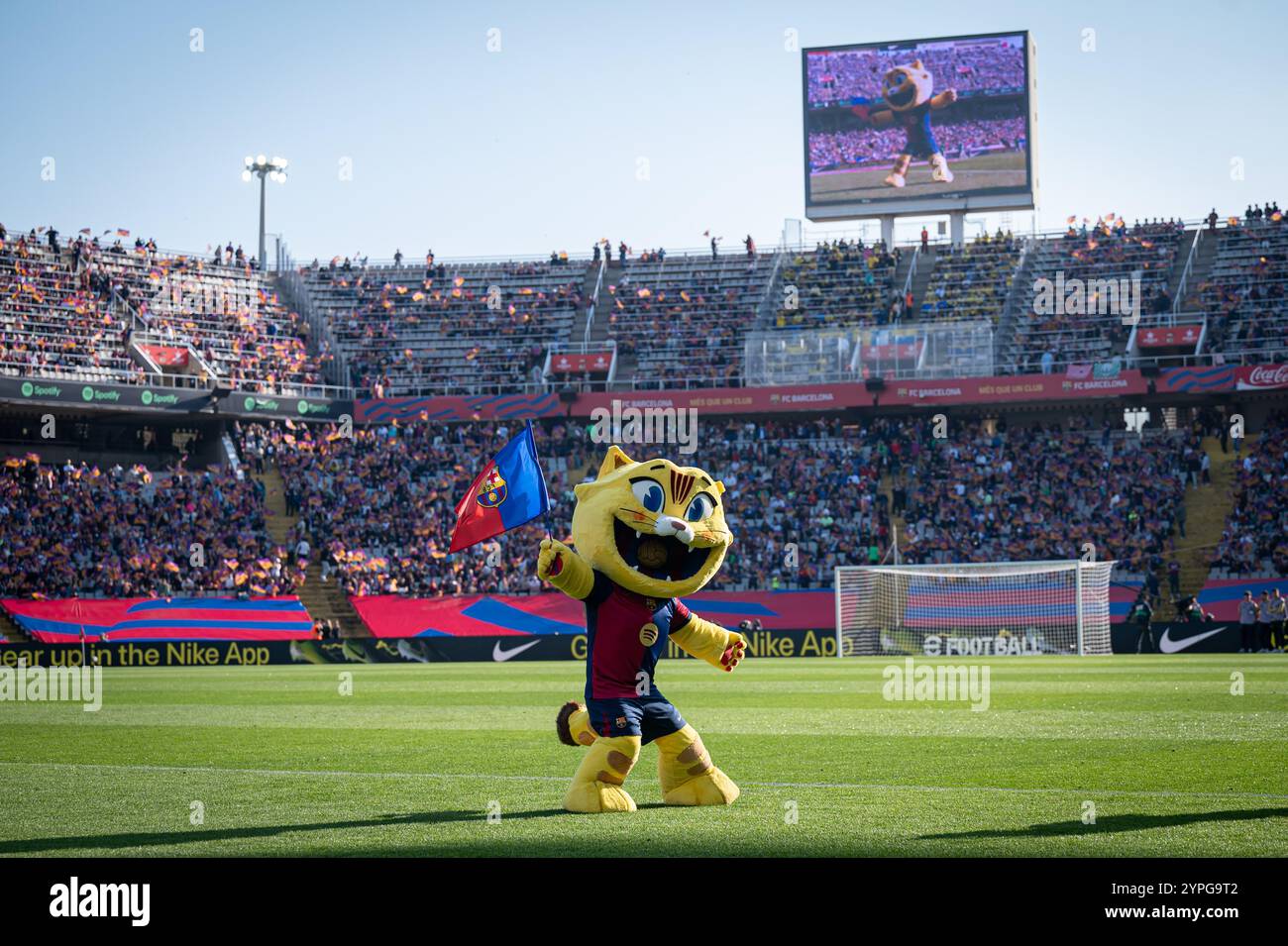 FC Barcelona introducing a new mascot â Catâ during a La Liga EA Sports ...