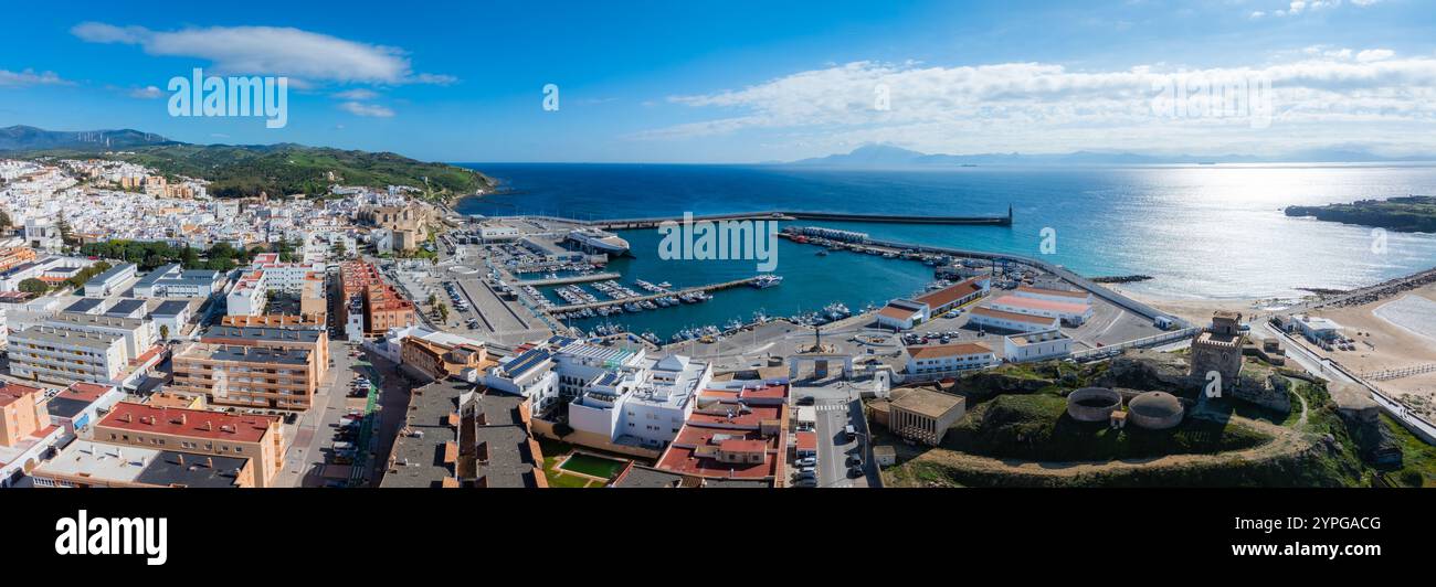 Aerial View of Tarifa Town, Spain with Historic Castle and Harbor Stock ...