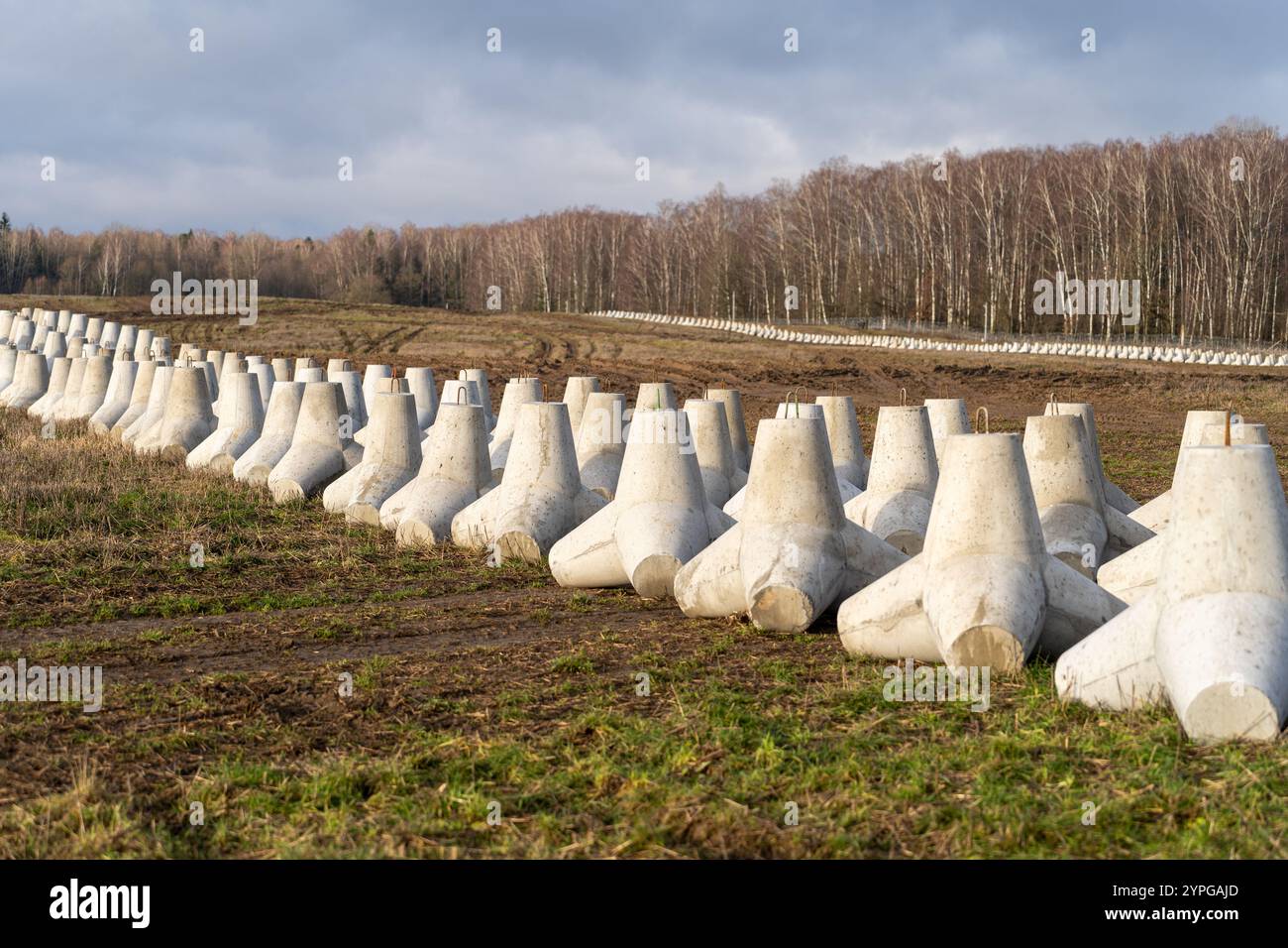 Concrete barriers that are part of Poland's East Shield fortification ...