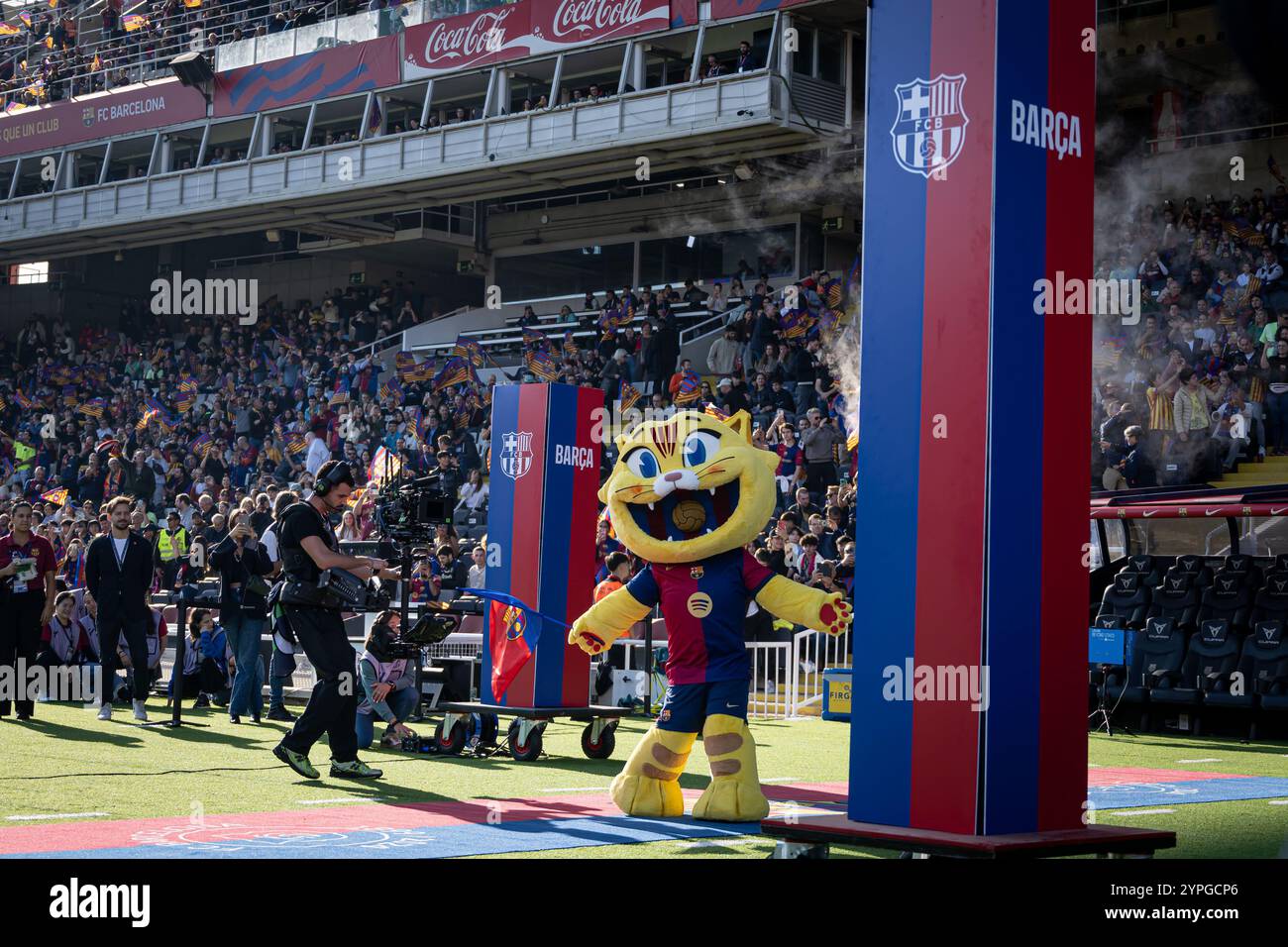 FC Barcelona introducing a new mascot “Cat” during a La Liga EA Sports ...