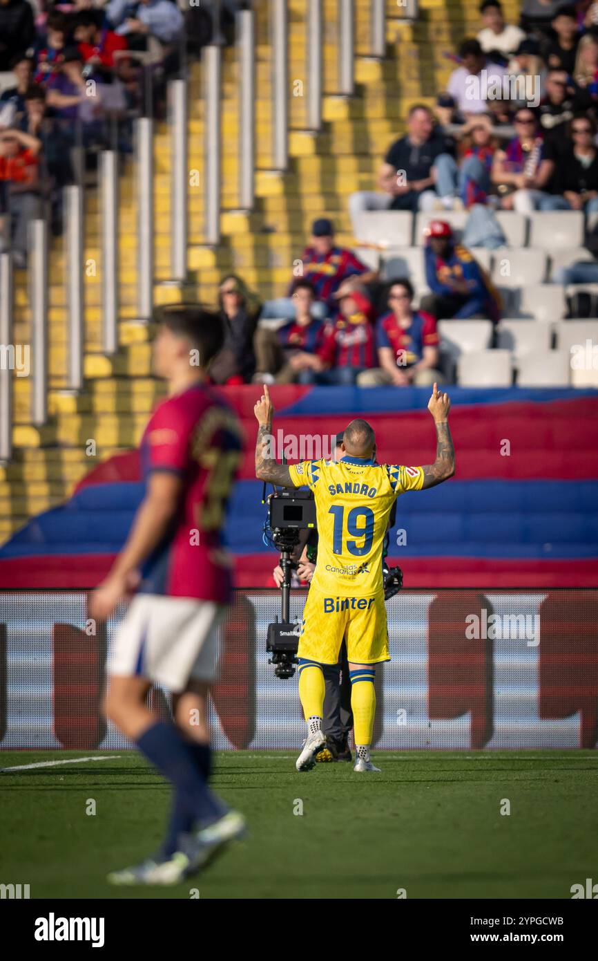 Barcelona, Spain. 30th Nov, 2024. Sandro (UD Las Palmas) celebrates ...