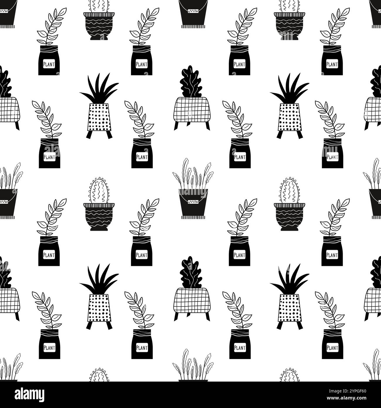 Seamless pattern of indoor plants in black and white, doodle style ...