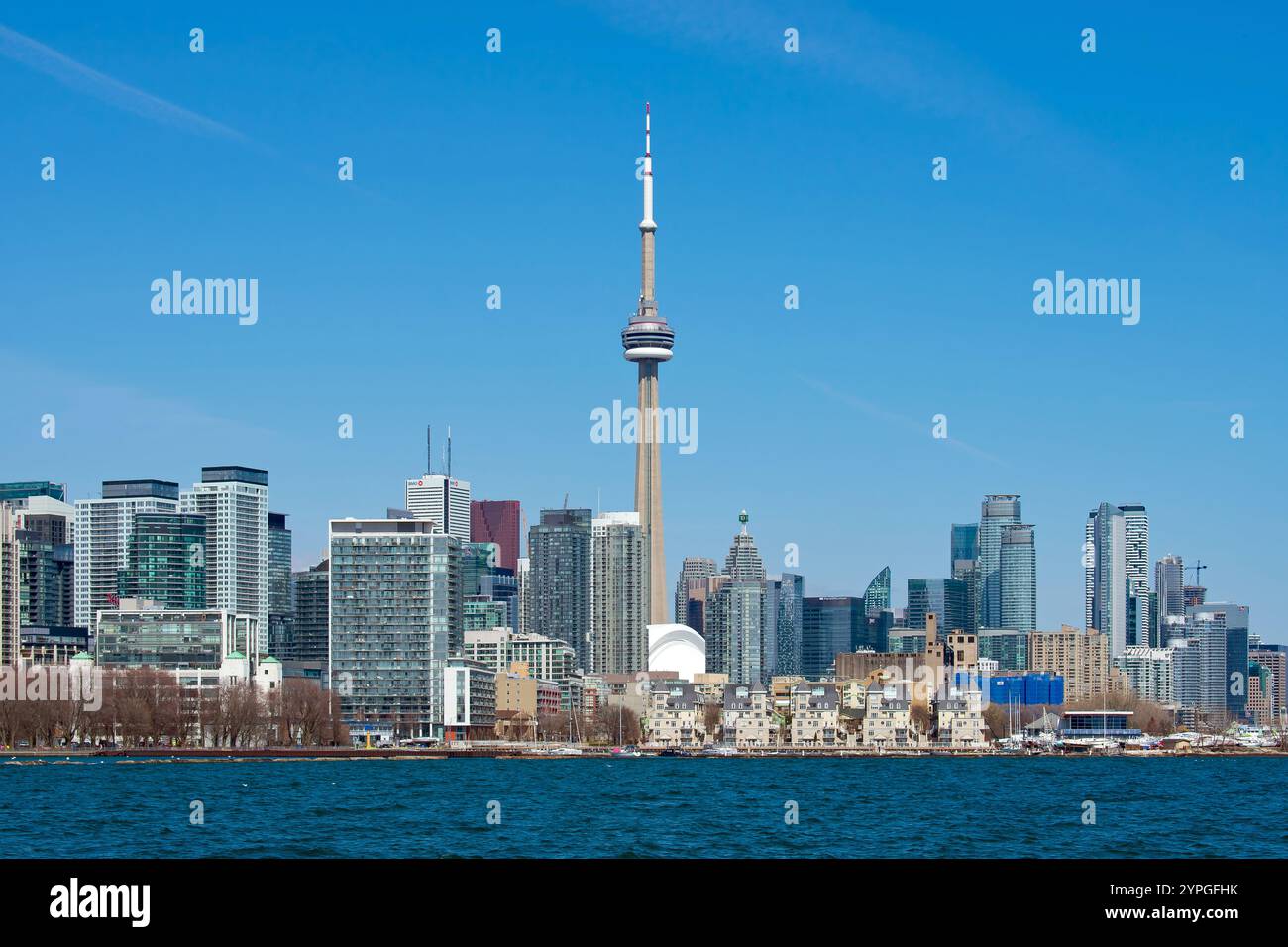 Downtown Toronto skyline from Ontario Place. The CN Tower towers above ...
