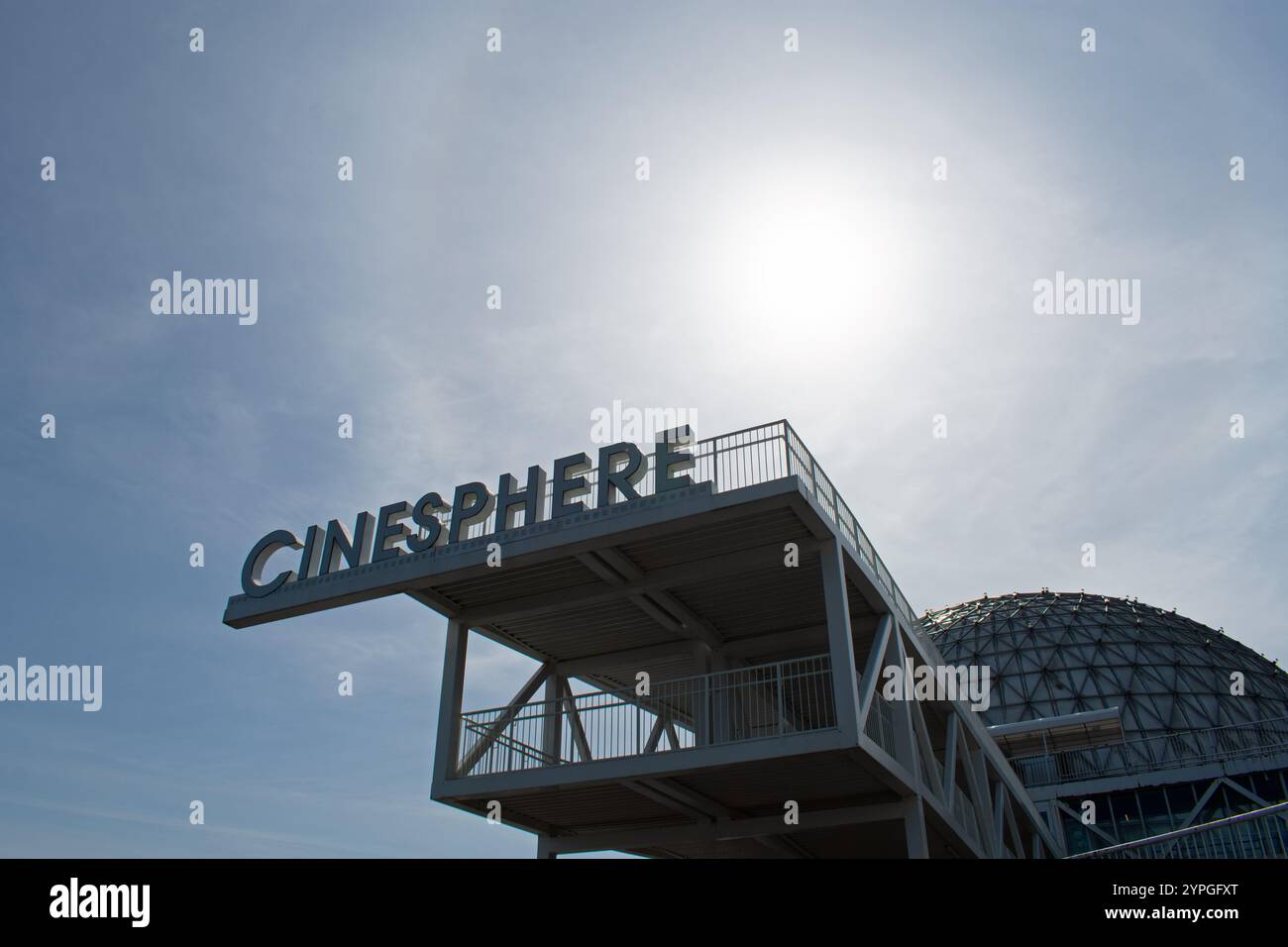 A large Cinesphere sign on metal scaffolding marks the entrance to the ...