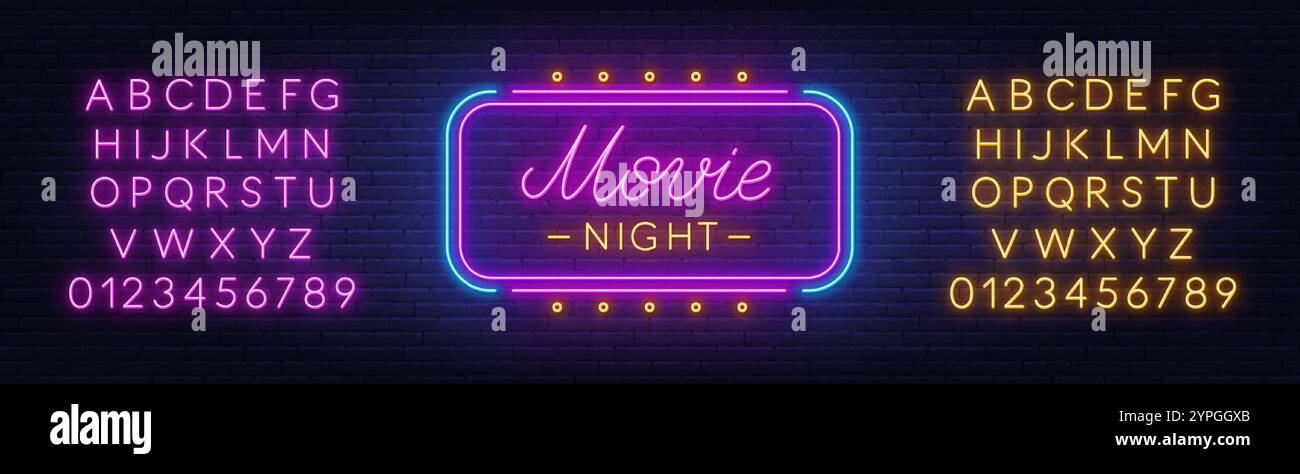 Movie Night Neon Sign on brick wall background. Light text announcement ...
