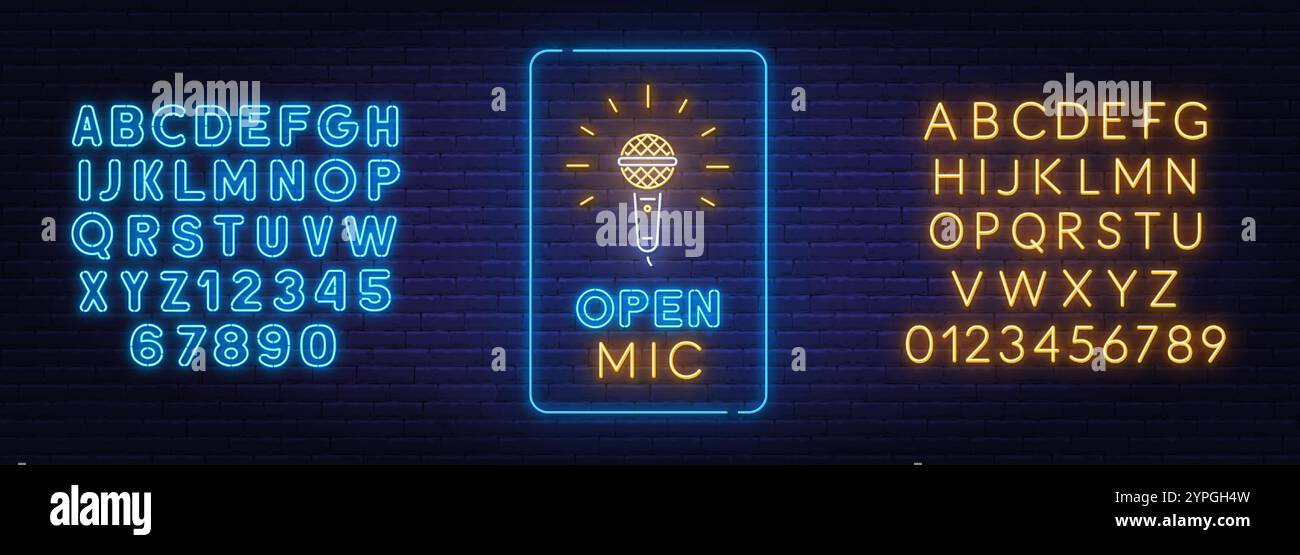 Open Mic Neon Sign on brick wall background. Light poster for a standup ...
