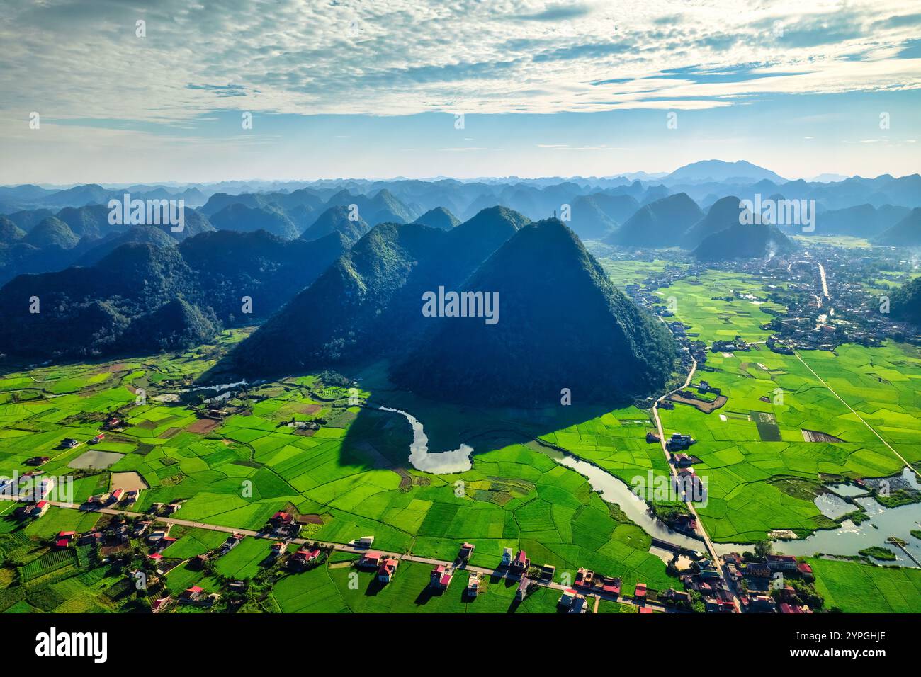 Aerial view of beautiful Bac Son Valley with lush rice field, mountain ...