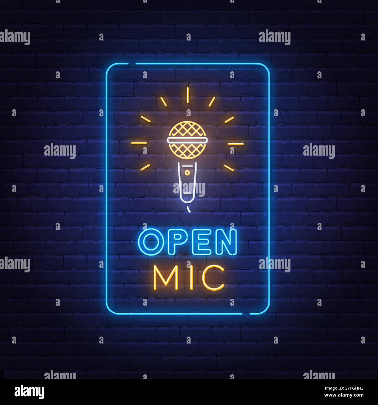 Open Mic Neon Sign on brick wall background. Light poster for a standup ...
