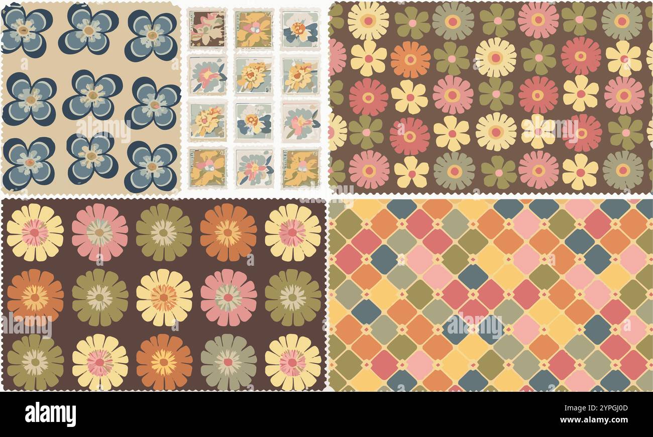 Set of seamless floral patterns playful victor illustration, easily ...