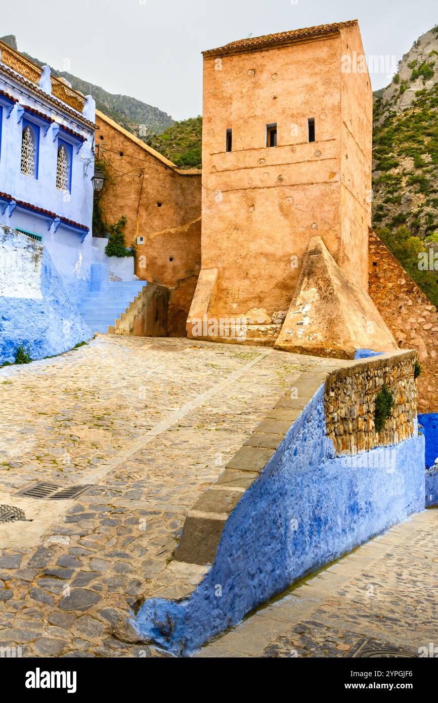 Chefchaouen, blue city. View on medieval stone city walls and the gate ...