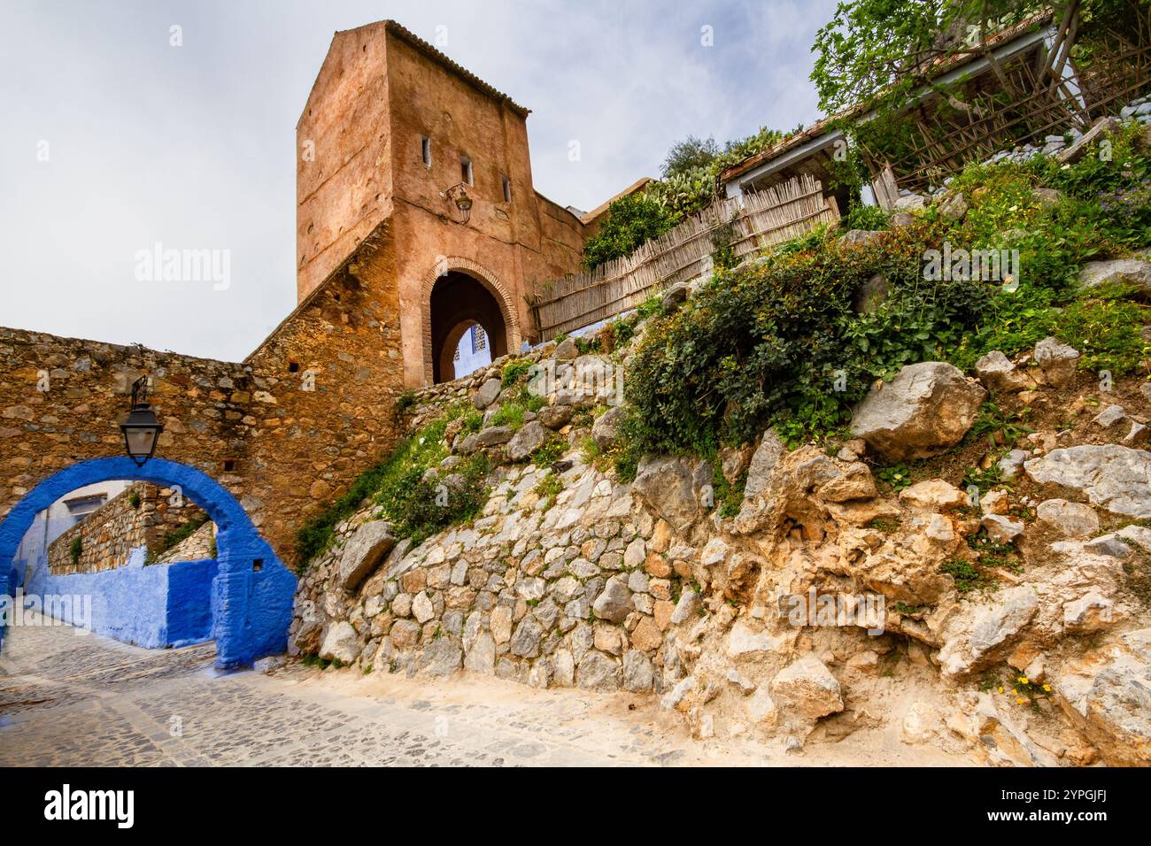 Chefchaouen, blue city. View on medieval stone city walls and the gate ...