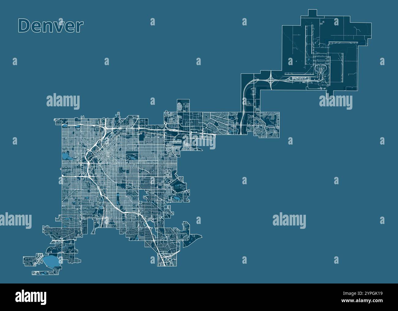 A detailed map of Denver, Colorado, depicted in a minimalist style. The ...