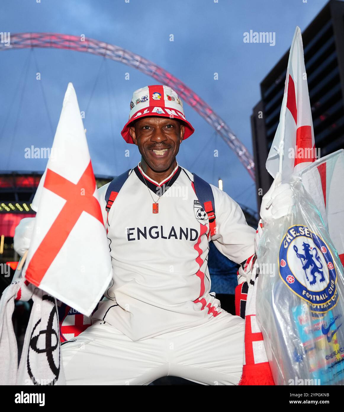 An England fan outside the ground ahead of the international friendly ...