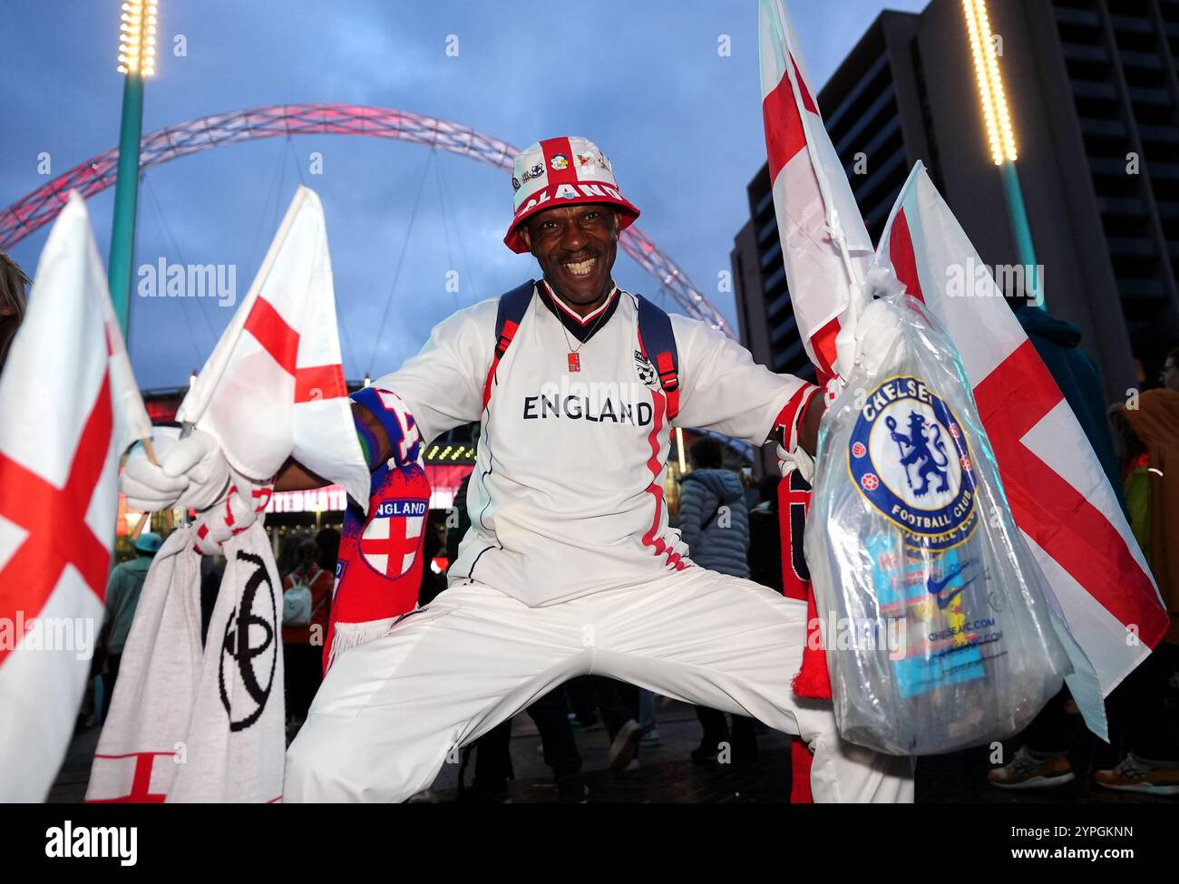An England fan outside the ground ahead of the international friendly ...