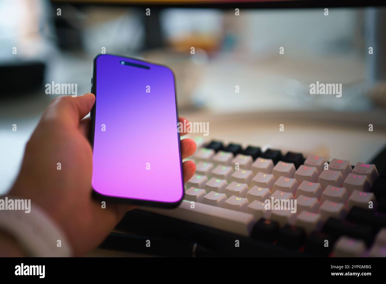 smart phone empty screen mockup hand rainbow iluminate computer ...
