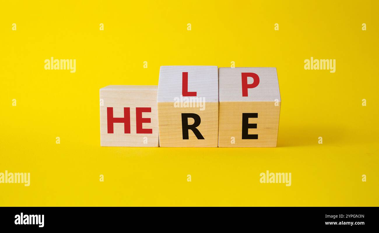 Help is here symbol. Turned wooden cubes with words Here to Help ...